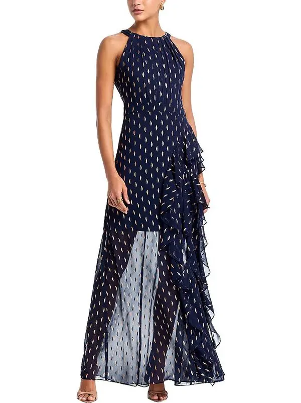 Aqua Metallic Crescent Chiffon Ruffle Gown Exclusive - Navy/copper