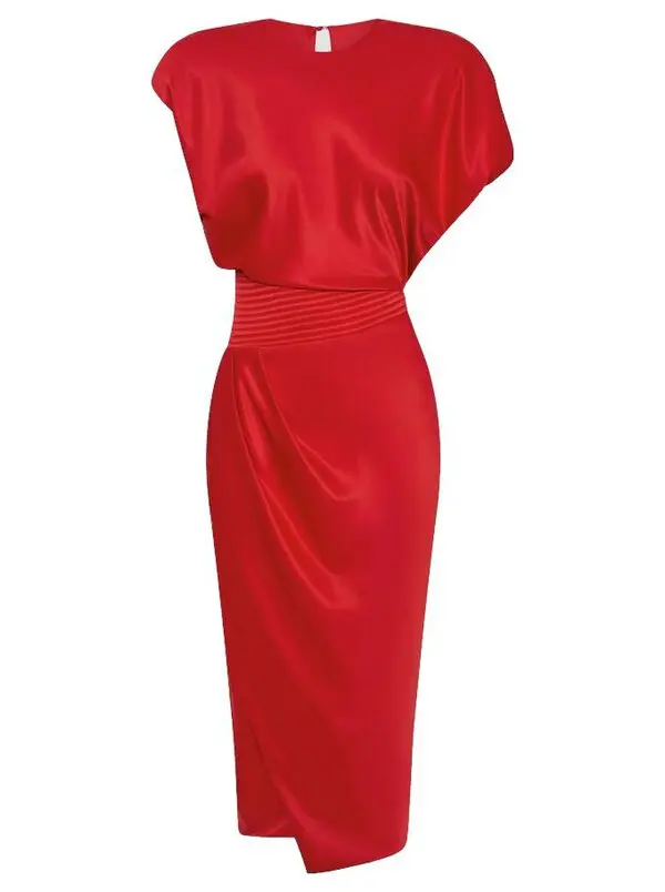 ZHIVAGO Bond Satin Pleated Asymmetric Midi-dress - Cherry
