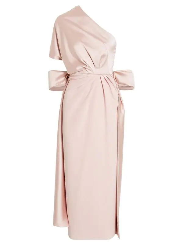 RHEA COSTA One-shoulder Draped Satin-crepe Midi Dress - Blush
