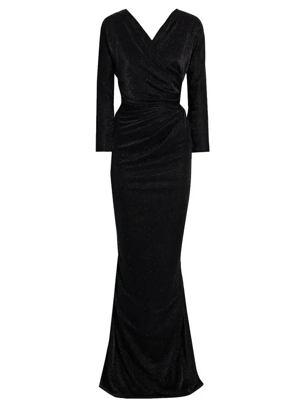 RHEA COSTA Wrap-effect Glittered Jersey Gown - Black