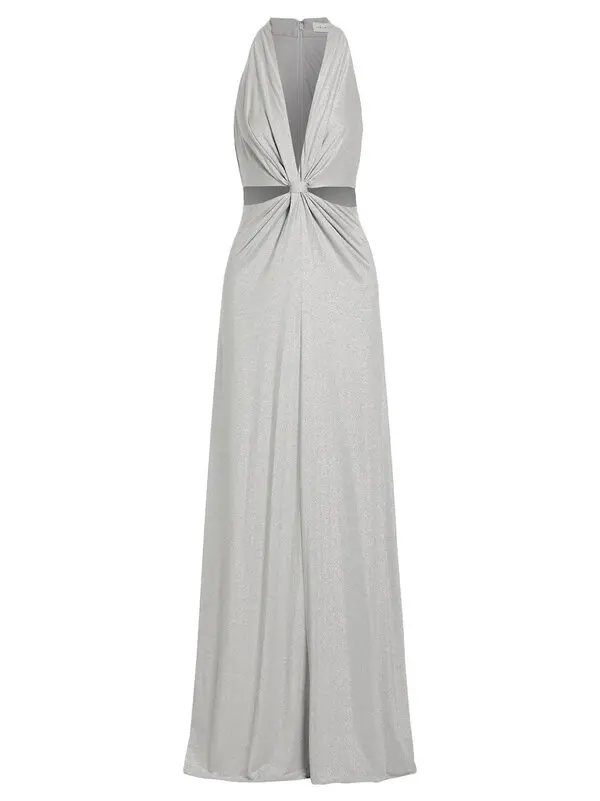 Halston Rose Twisted Cutout Metallic Jersey Gown - Silver