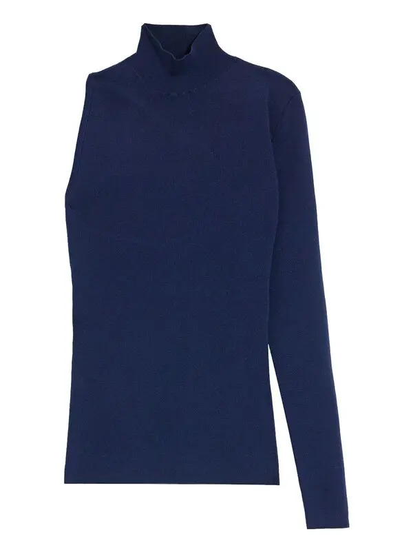 Halston Nili One-sleeve Merino Wool-blend Turtleneck Top - Navy
