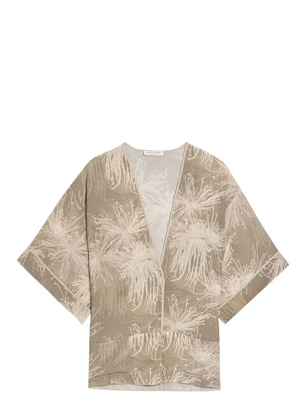 Halston Printed Silk Crepe De Chine Kimono - Mushroom