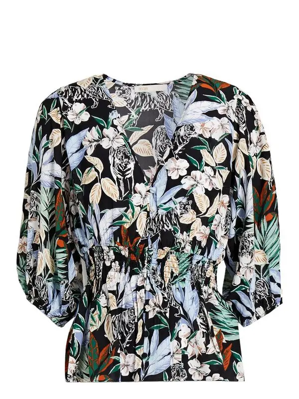 Maje Floral Shirred Crepe De Chine Blouse - Black