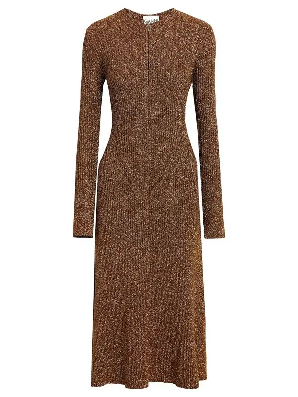 GANNI Metallic Ribbed Knit Midi Dress - Copper