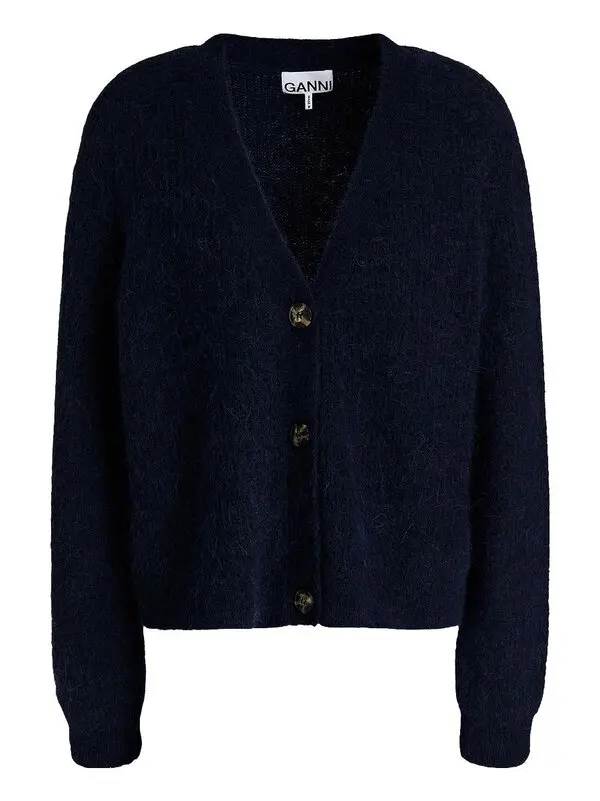 GANNI Brushed Ribbed-knit Cardigan - Navy
