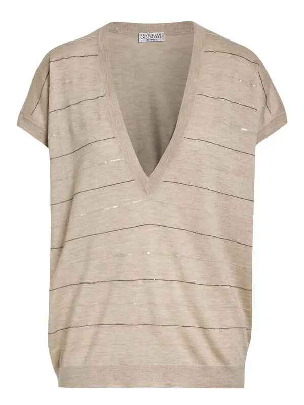 Brunello Cucinelli Wool And Silk-blend Top With Bead Embellishment - Beige