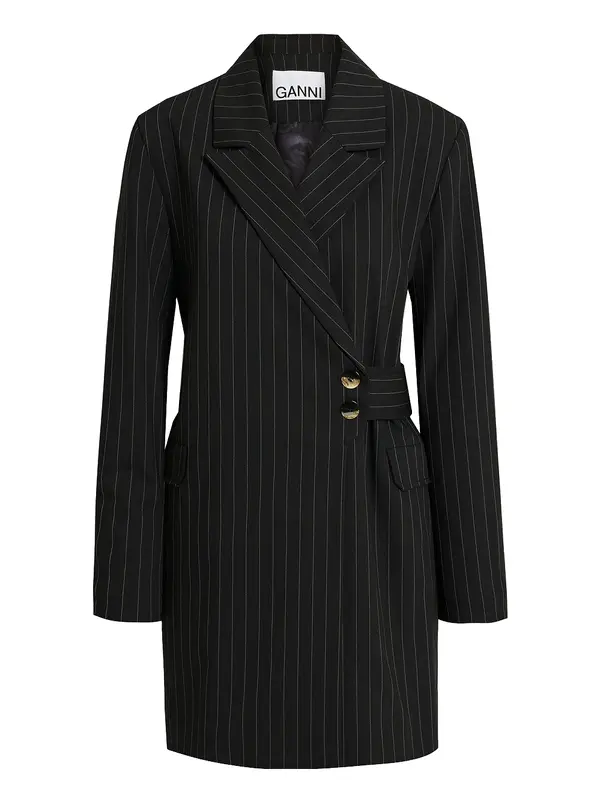 GANNI Double-breasted Pinstriped Twill Coat - Black