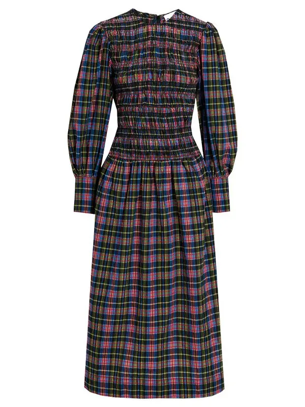 GANNI Shirred Checked Cotton-blend Seersucker Midi Dress - Multicolor