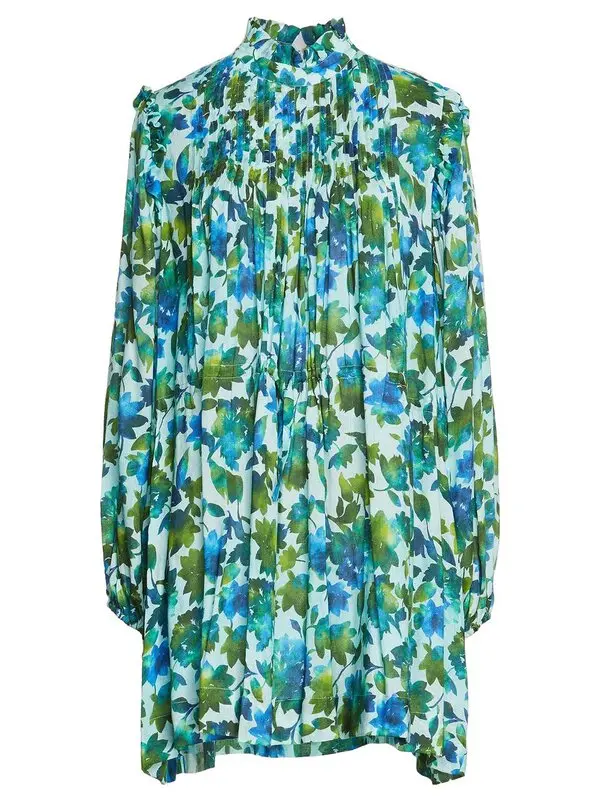 AMUR Pintucked Floral-print Mini Dress - Sky Blue