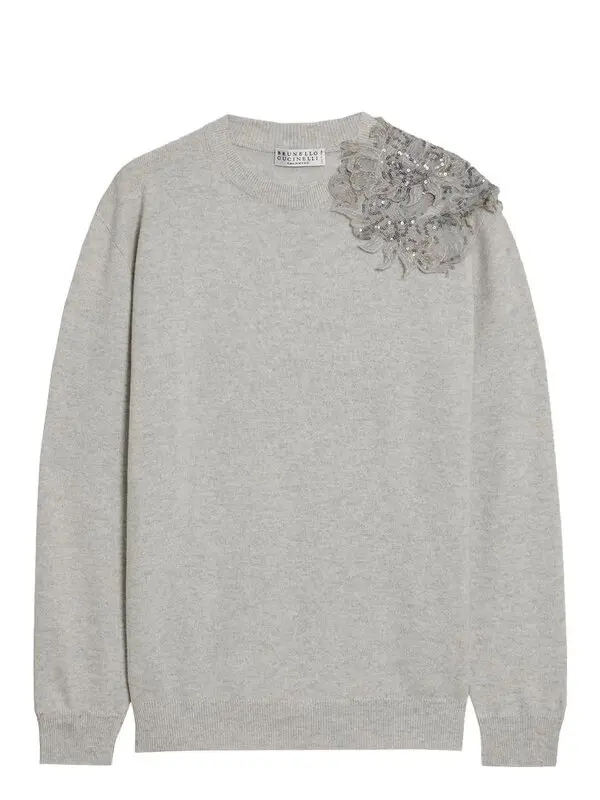 Brunello Cucinelli Embellished Cashmere Crewneck Sweater - Light Gray