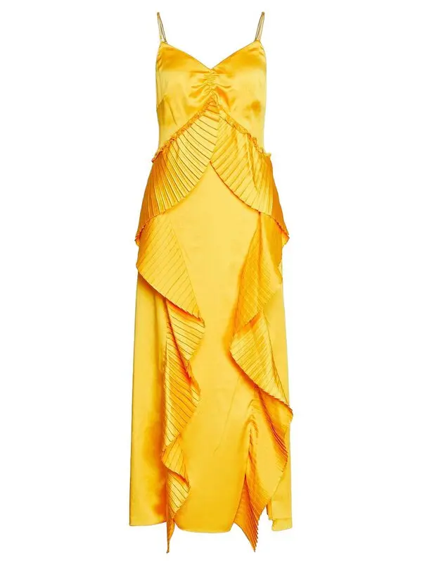 AMUR Satin Maxi Slip Dress With Pleated Ruffles - Marigold