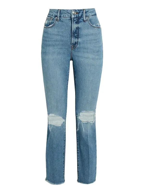 Good American Good Classic Distressed High Rise Slim Leg Jeans - Mid Denim