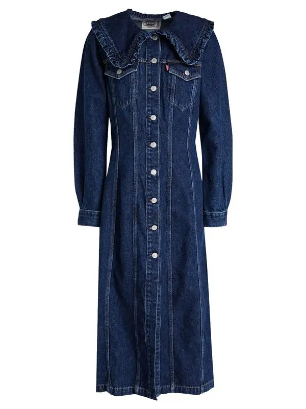 GANNI Ruffled Trimmed Cotton And Hemp-blend Denim Shirt Dress - Dark Denim