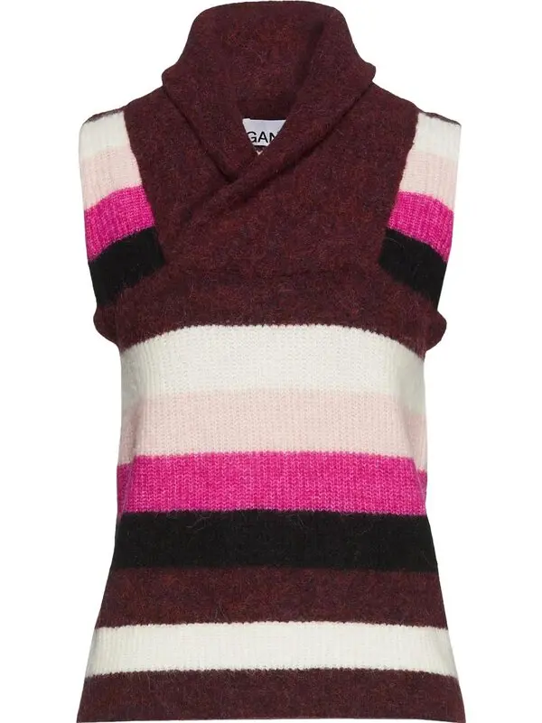 GANNI Paneled Striped Knitted Vest - Burgundy