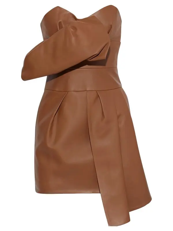 Alexandre Vauthier Strapless Gathered Leather Mini Dress - Brown