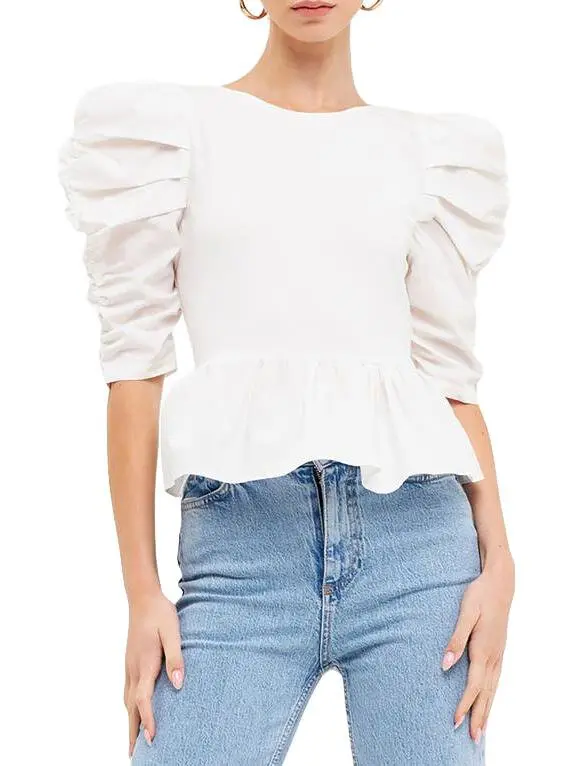 English Factory Pleated Puff Sleeve Peplum Blouse - White