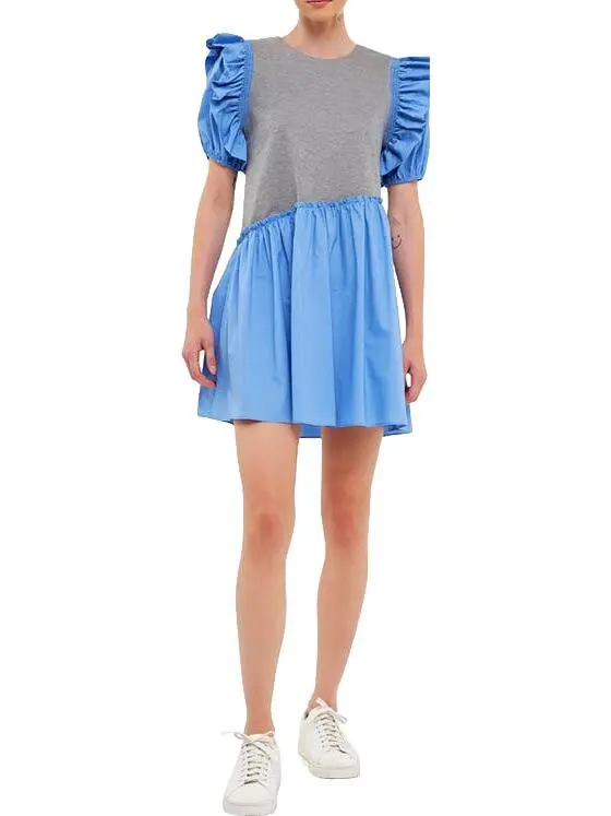 English Factory Mixed Media Mini Dress - Grey/blue