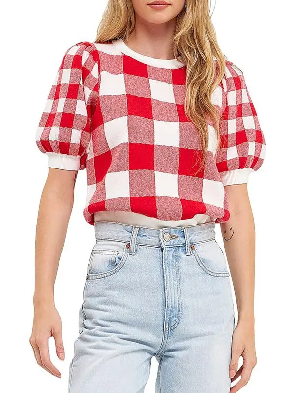 English Factory Gingham Puff Sleeve Sweater - Red
