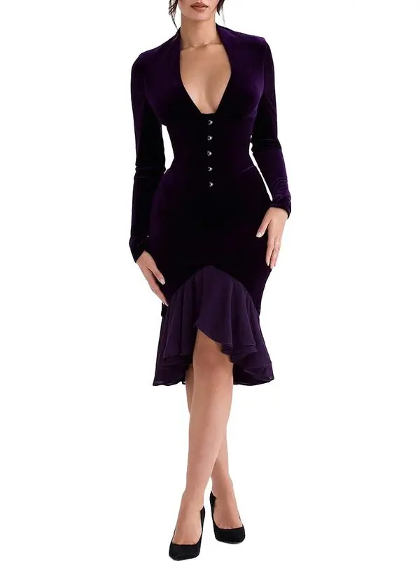 House Of Cb Corset Velvet Dress With Long Sleeves - Dark Purple