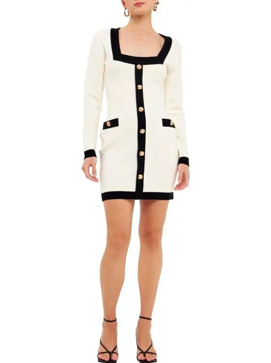 Endless Rose Contrast Trim Knit Mini Dress - Cream/ Black
