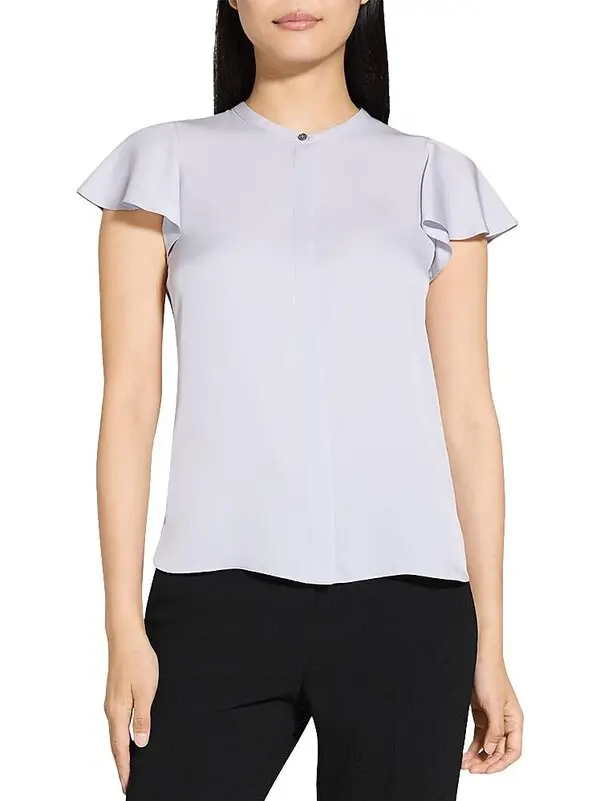 Theory Ruffle Sleeve Top In Silk Georgette - Pearl Blue