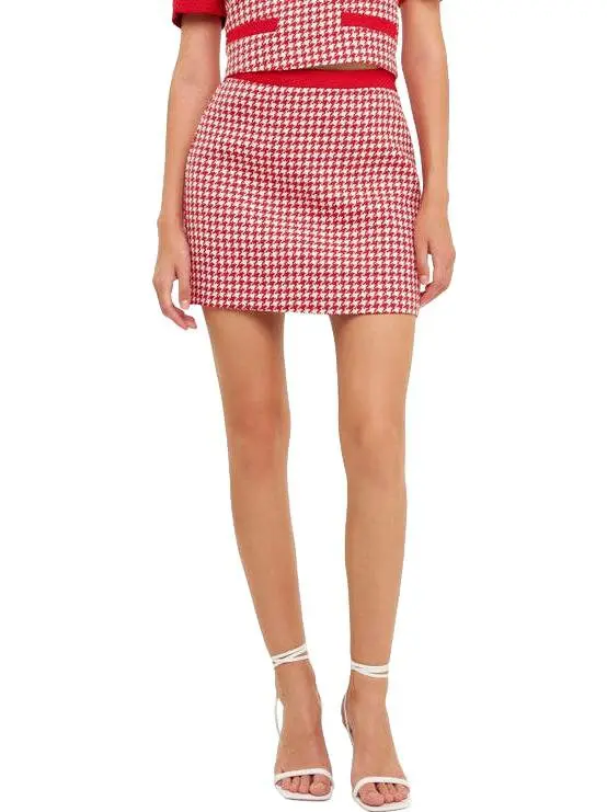 English Factory Houndstooth Tweed Miniskirt - Red