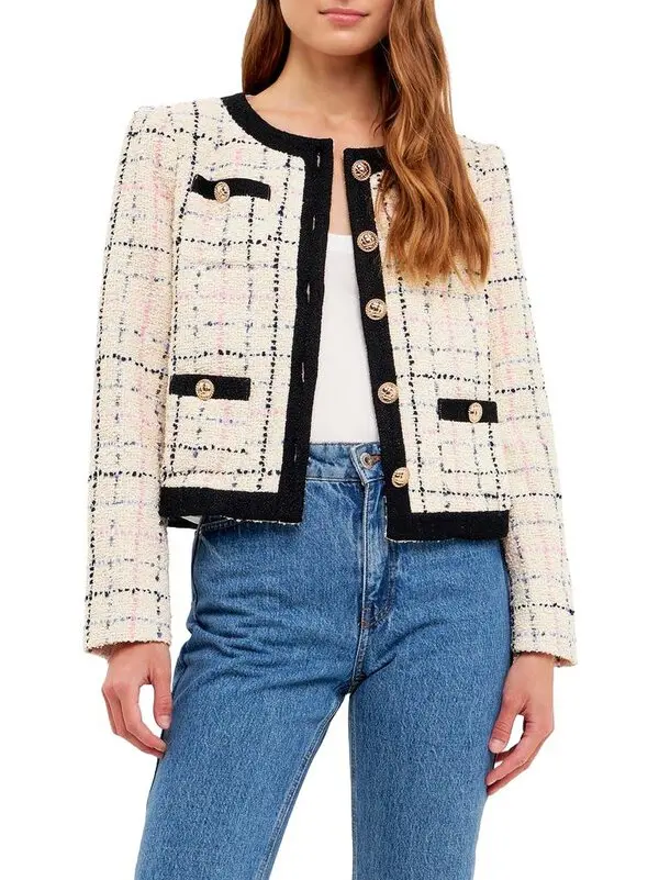 English Factory Plaid Bouclé Jacket - Cream Multi
