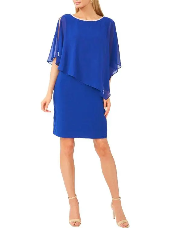 Chaus Rhinestone Trim Cape Overlay Dress - Goddess Blue