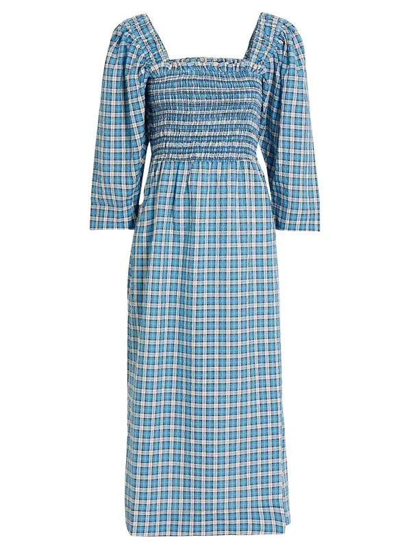 GANNI Shirred Checked Midi Dress - Blue