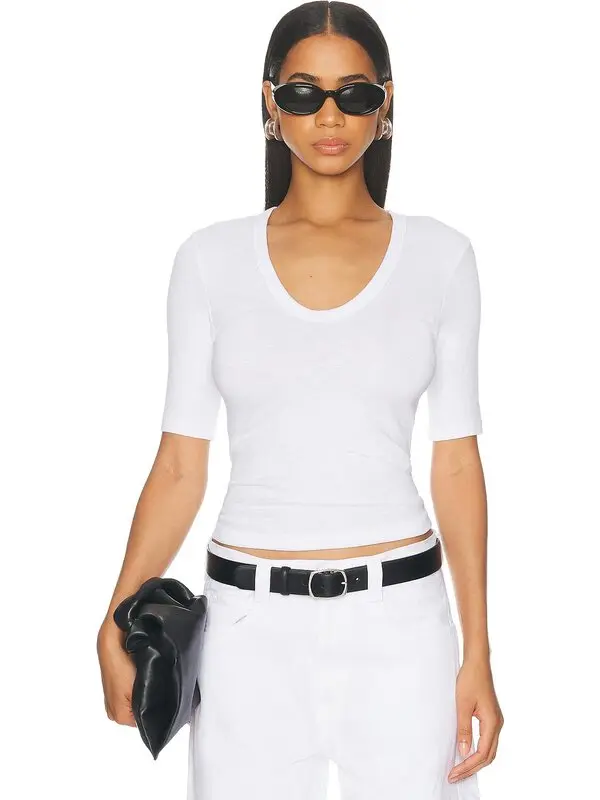 Enza Costa Textured Rib Half Sleeve U Neck Top - White