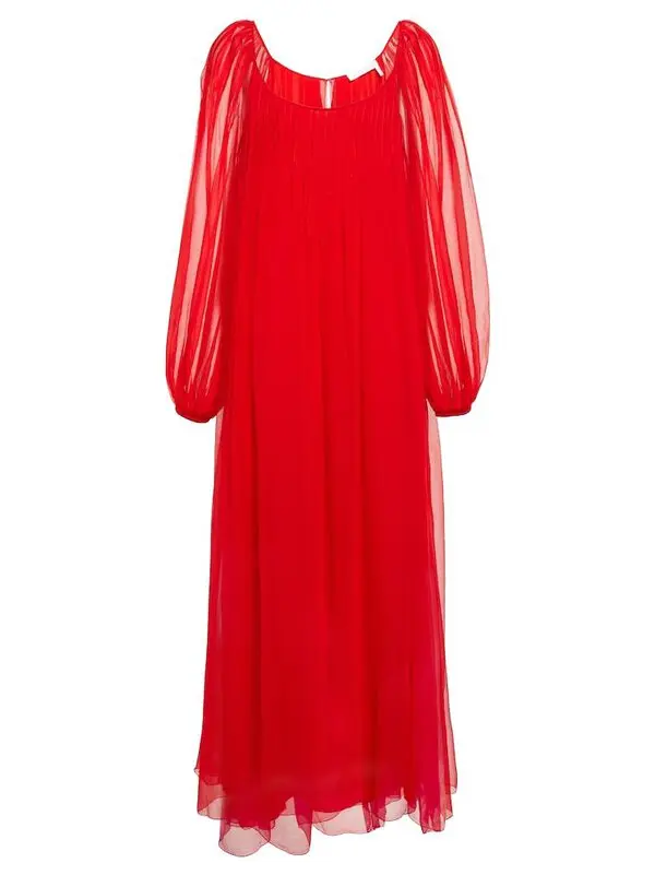 Chloé Pleated Silk Mousseline Maxi Dress - Red