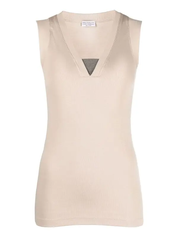 Brunello Cucinelli Ribbed Tank Top With Monili Chain Detail - Neutrals