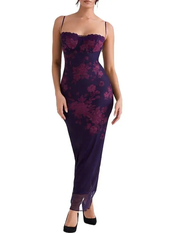 House Of Cb Aiza Floral Cocktail Dress - Dark Purple