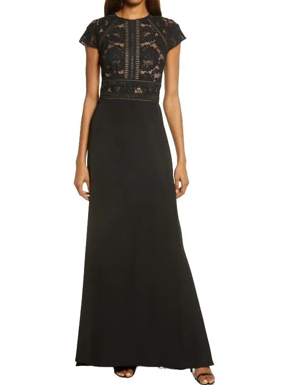 Tadashi Shoji Lace & Crepe A-line Gown - Black/nude