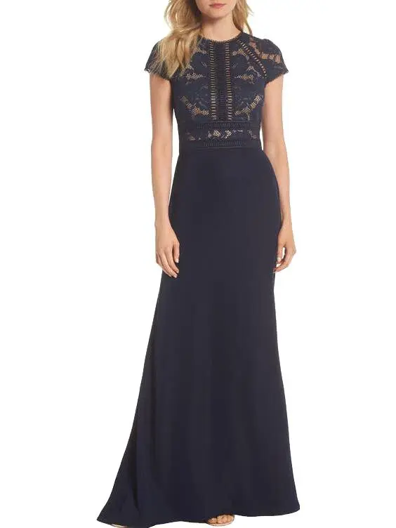 Tadashi Shoji Lace & Crepe A-line Gown - Navy/ Nude