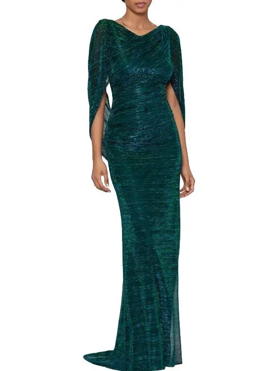 Betsy & Adam Metallic Drape Sleeve Sheath Gown - Jade