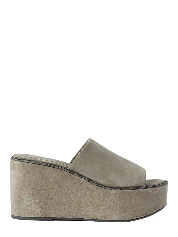 Brunello Cucinelli Bead-embellished Wedge Mules - Gray