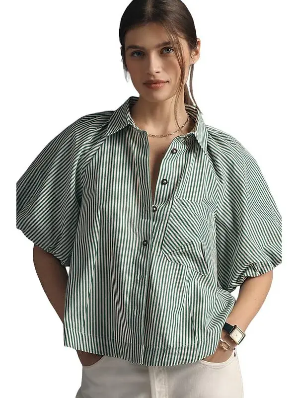 Maeve Zooey Bubble-sleeve Blouse - Green & White Stripe