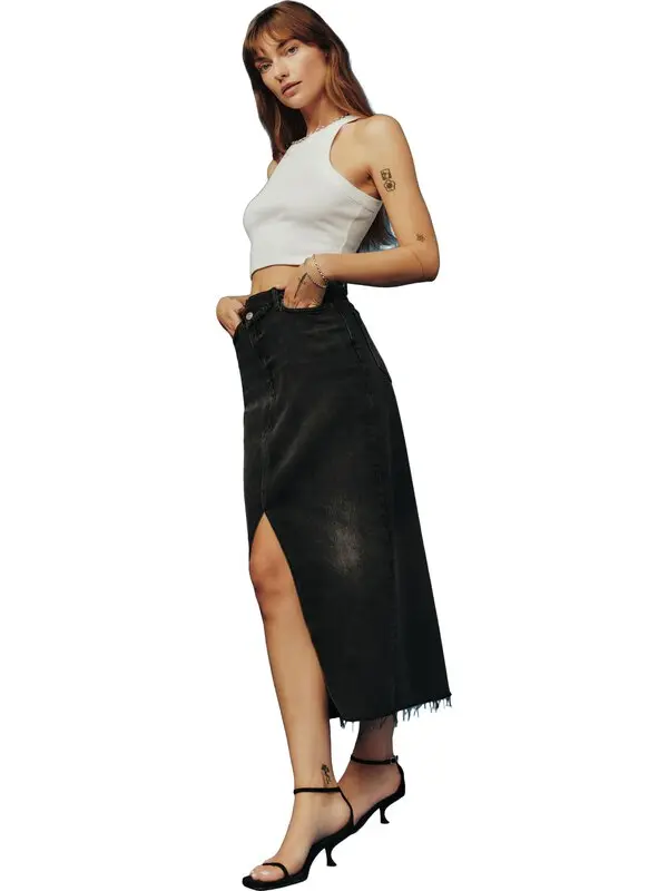REFORMATION Nila Long Denim Skirt - Black