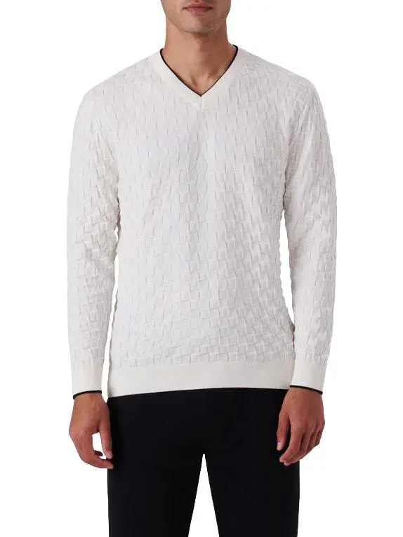 Bugatchi Basketweave Stitch V-neck Sweater - Chalk