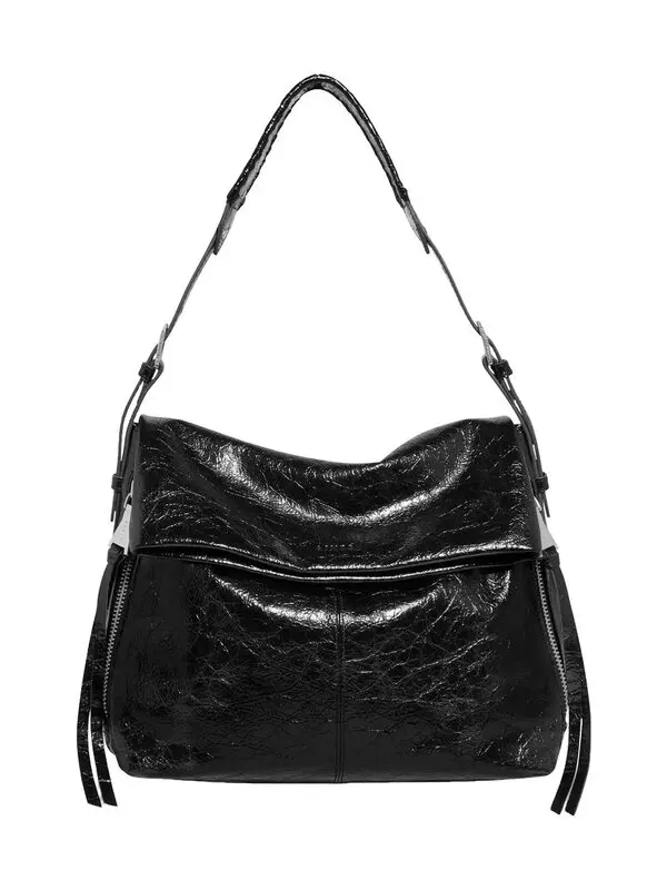 AIMEE Bali Double Entry Leather Hobo - Black Crinkle