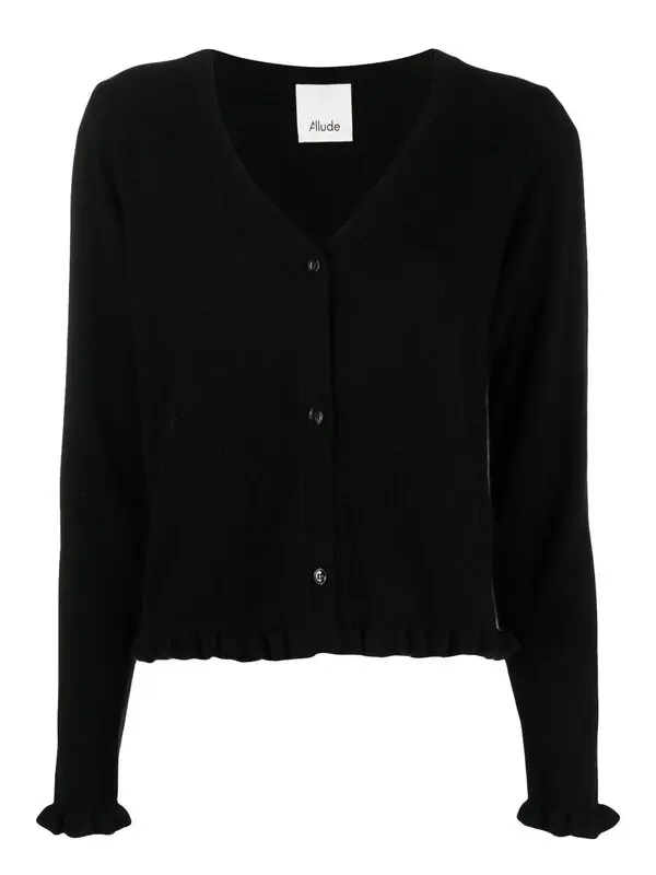 ALLUDE Virgin Wool-cashmere Cardigan With Ruffle Edge - Black