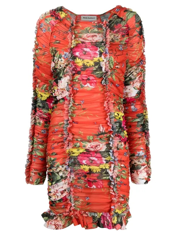 MOLLY GODDARD Ruched Floral-print Minidress - Red