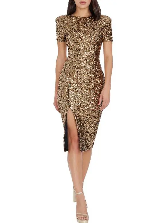 Dress The Population Natasha Sequin Sheath Midi Dress - Gold
