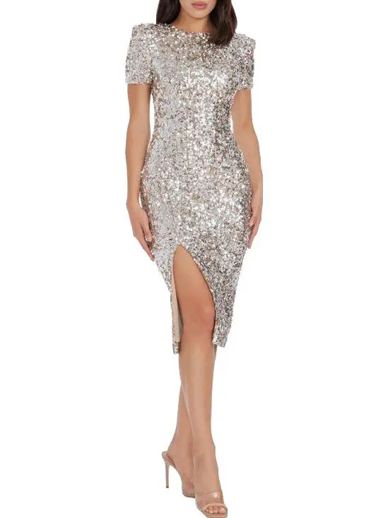 Dress The Population Natasha Sequin Sheath Midi Dress - Silver