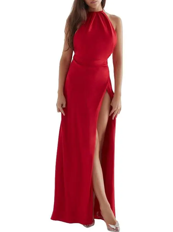 House Of Cb Zanab Open Back Satin Maxi Dress - Red Rose