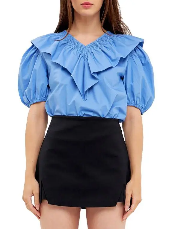 English Factory Smocked Ruffle Puff Sleeve Blouse - Oxford Blue