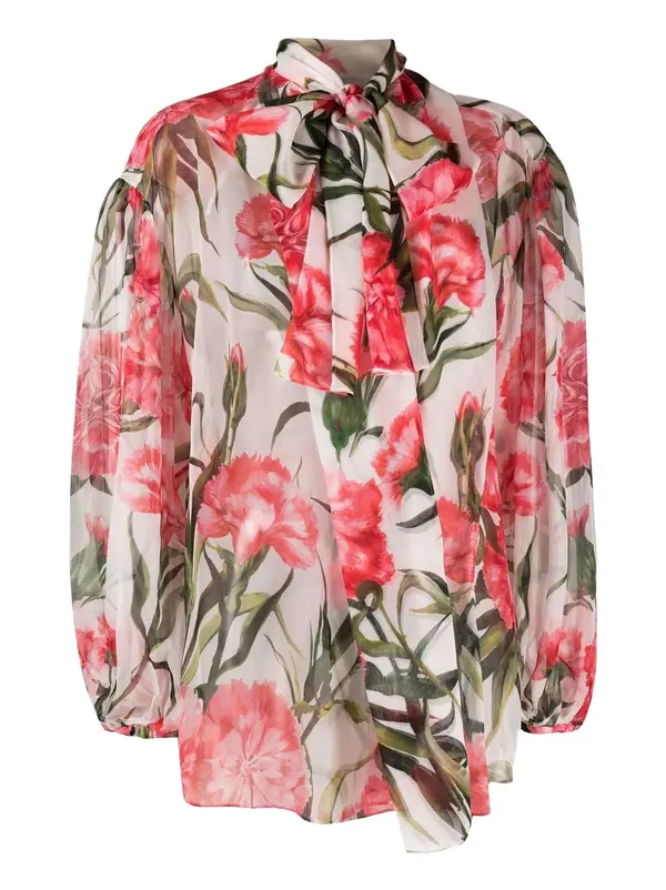 Dolce & Gabbana Carnation-print Tie-neck Silk Blouse - White
