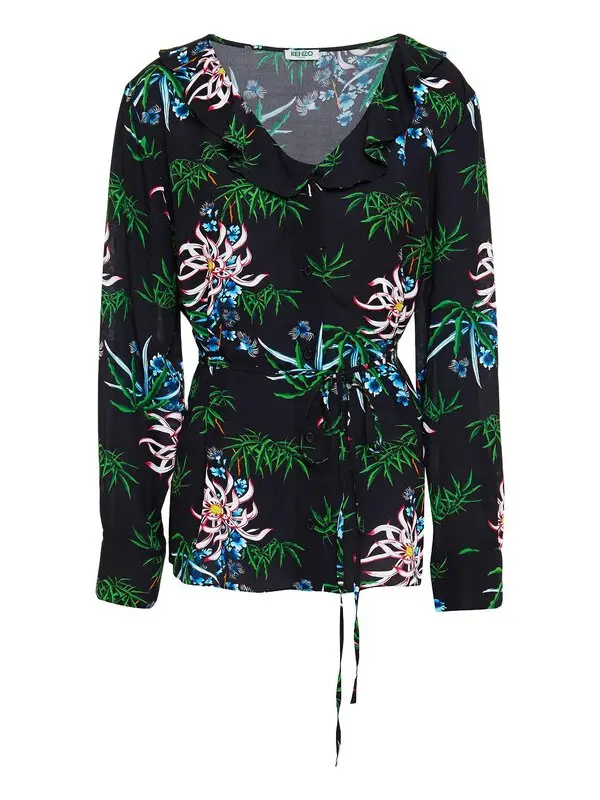 Kenzo Floral-print Crepe Blouse With Ruffled Trims - Black